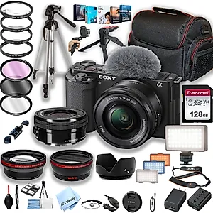 Sony ZV-E10 Mirrorless Camera with 16-50mm Lens + 128GB Memory + LED Video Light + Case+ Steady Grip Pod + Tripod + Filters + Lenses + Software + More (42pc Bundle)