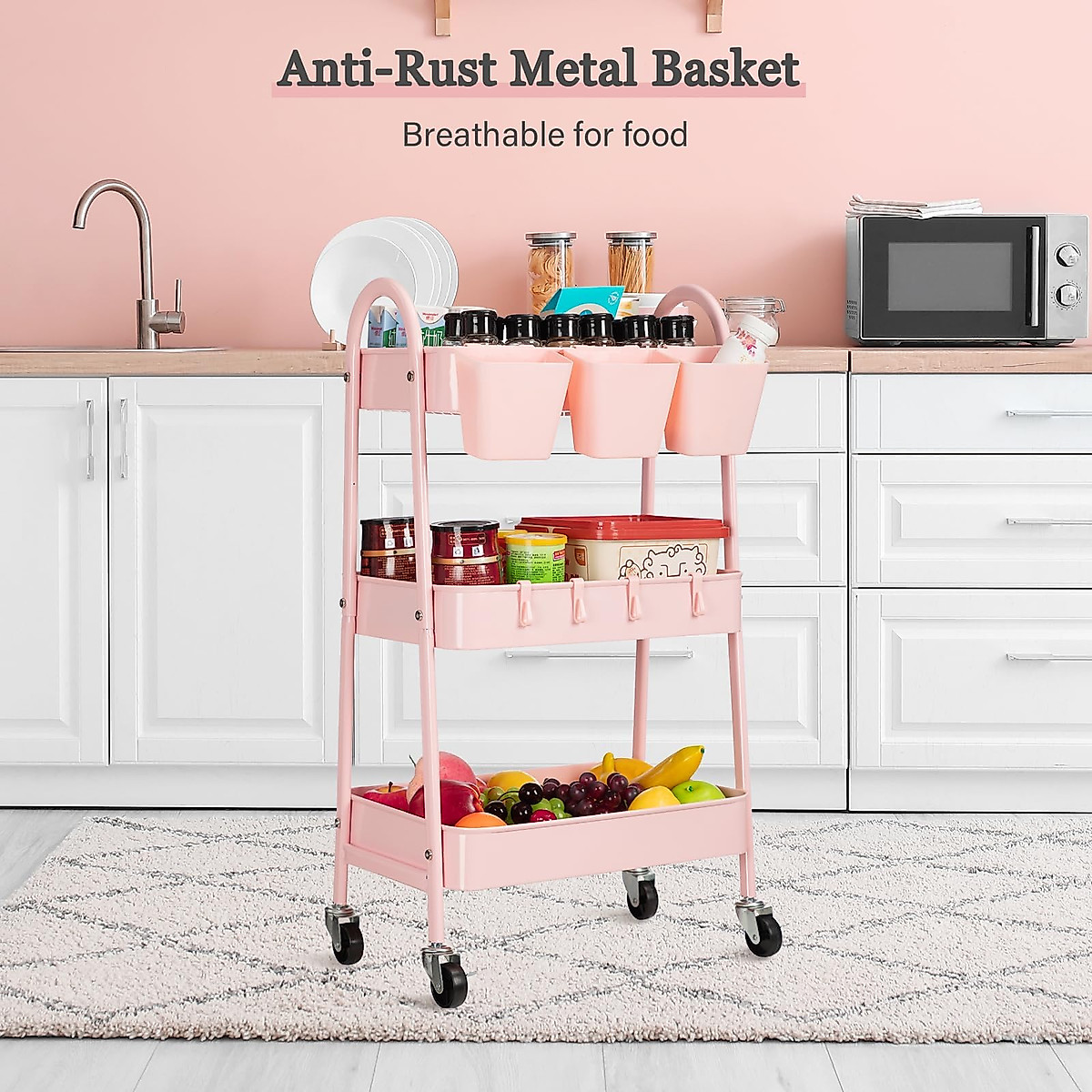 danpinera 3-Tier Rolling Cart, Metal Rolling Storage Cart with Lockable Wheels & Hanging Cups & Hooks, Mobile Trolley Cart for Kitchen, Bathroom, Office, Workshop, Pink
