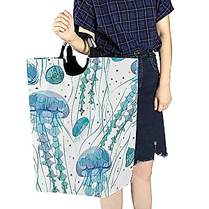 susiyo Teal Jellyfish Laundry Hamper Collapsible Laundry Basket Organizer Freestanding Waterproof Round Storage Bin for Bedrooms Nursery Dorm Clothes Toys Books