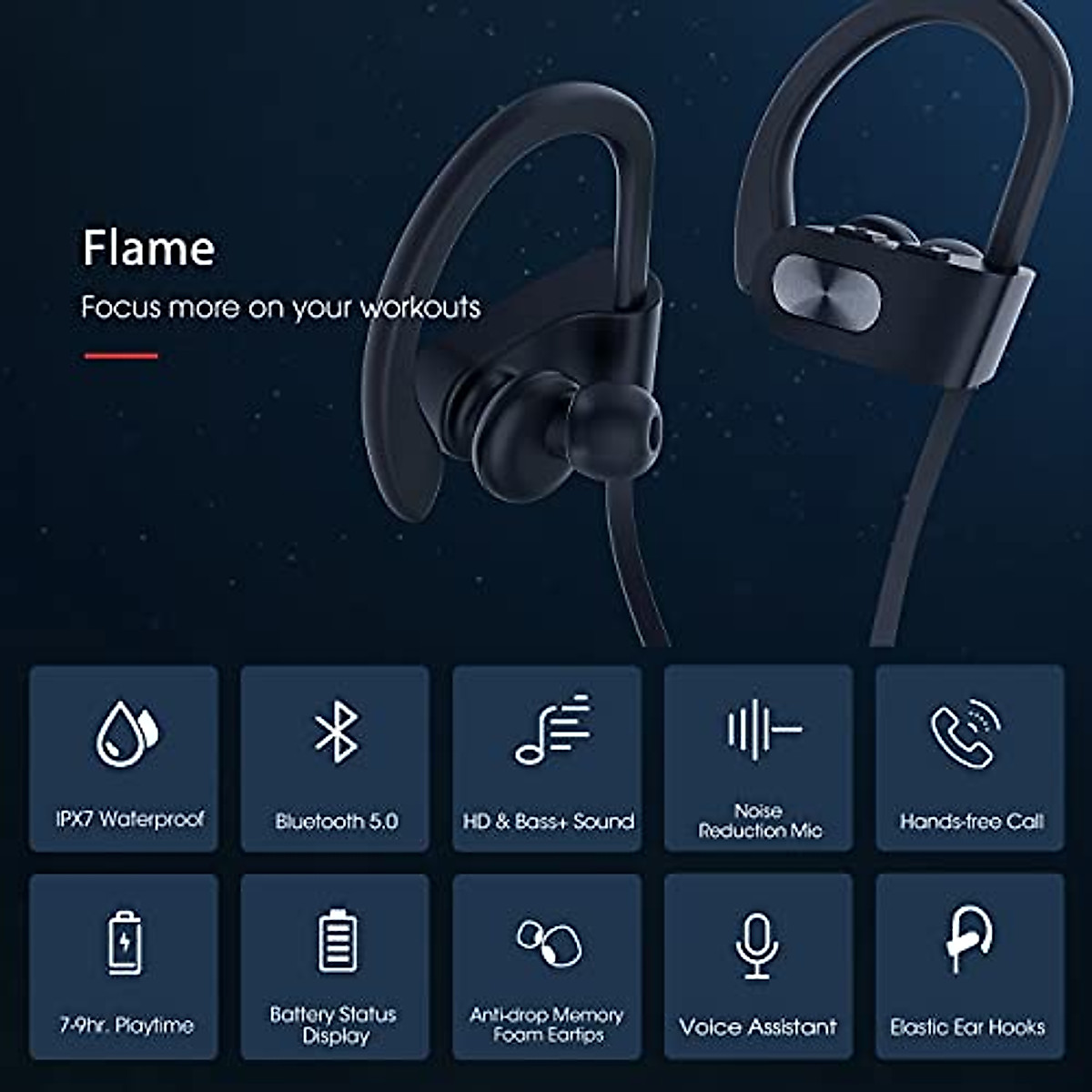 Bluetooth Headphones V5.0,Running Headphones w/16 Hrs Playtime, Bass+ HD Stereo Wireless Sports Earphones w/IPX7 Waterproof Earbuds in Ear for Workout, Gym w/CVC6.0 Noise Cancelling Mic Black
