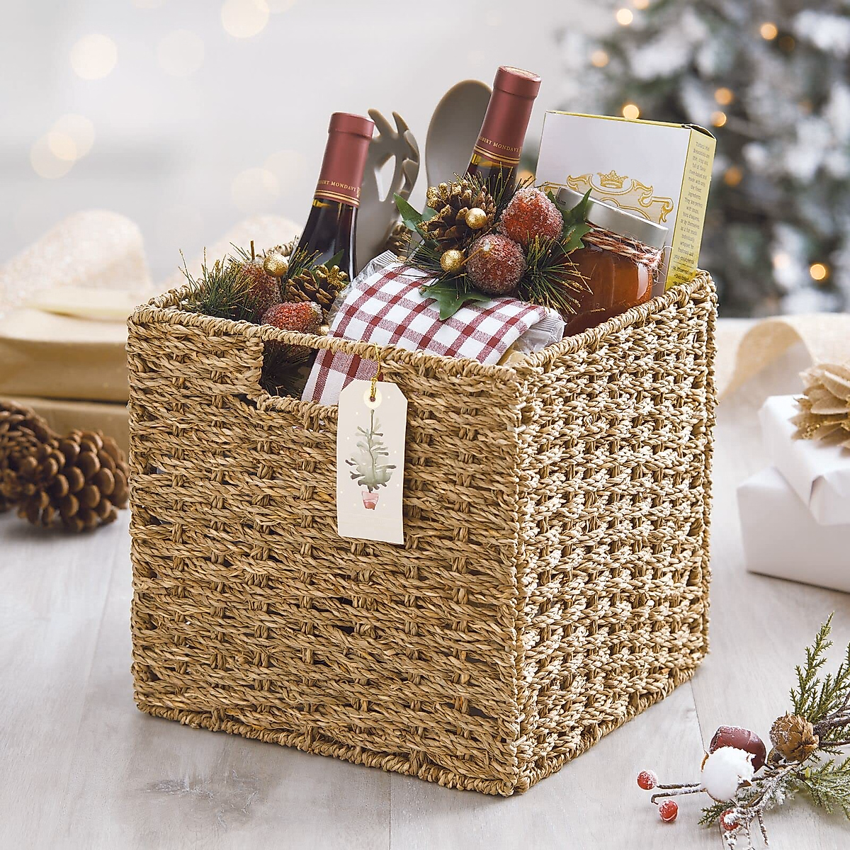 mDesign Seagrass Woven Cube Basket Organizer with Handles - Storage for Bedroom, Office, Living Room, Bathroom, Perfect for Cubby Storage Units - Hold Blankets, Magazines, Books - 4 Pack - Natural/Tan