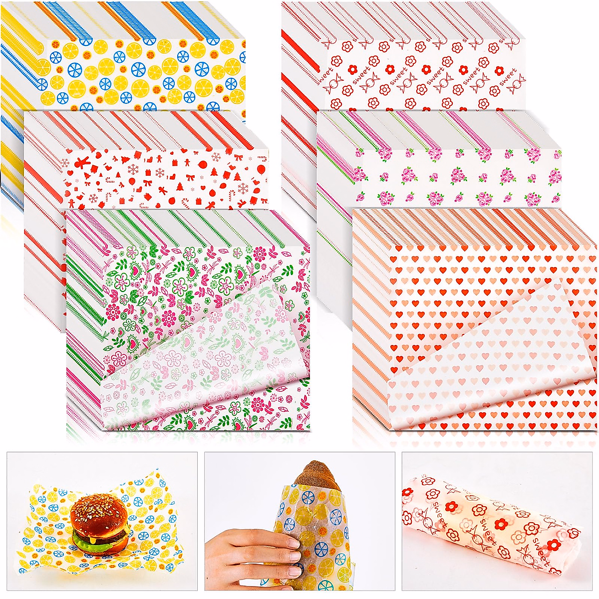 Glenmal 9.8x8.5 Inch Wax Paper Sheets Greaseproof Waterproof Dry Waxed Paper Sheets Floral Lemon Sandwich Wrap Paper Liner Burger Bread Food Basket Liners for Home Picnic Kitchen Party(600 Pcs)