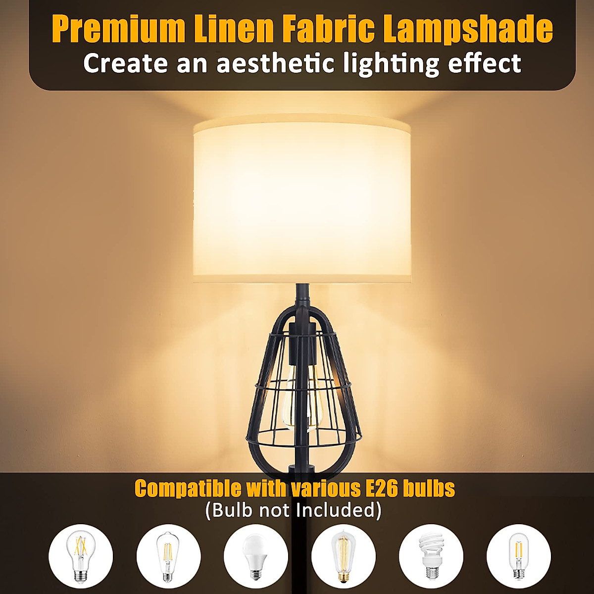 Farmhouse Floor Lamp with Night Light - Modern Standing Lamp for Living Room, 2-Light Industrial Tall Lamp with White Drum Shade, Black Pole Light & Stand up Lamp for Bedroom Office,Home, Reading