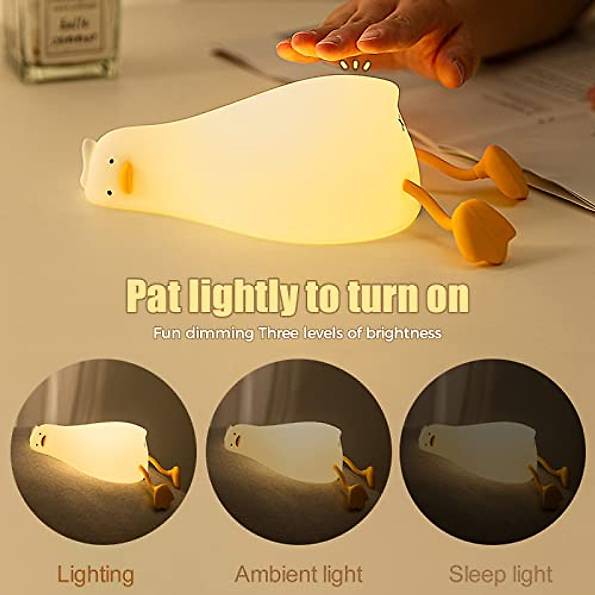 Fosucwin Cute Duck Night Light for Kids, Squishy Nursery LED Animal Night Lamp, Silicone Dimmable Timed Bedside Lamp Kawaii Light Up Lying Flat Duck Touch Light for Breastfeeding Girls Bedroom Decor