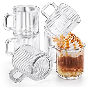 Noamus 6 Pack Premium Glass Coffee Mugs with Handle, 12 Oz Classic Vertical Stripes Glass Tea Cups, Transparent Ribbed Beverage Mugs, Clear Vintage Glassware Set for Hot Cold Americano, Cappuccino