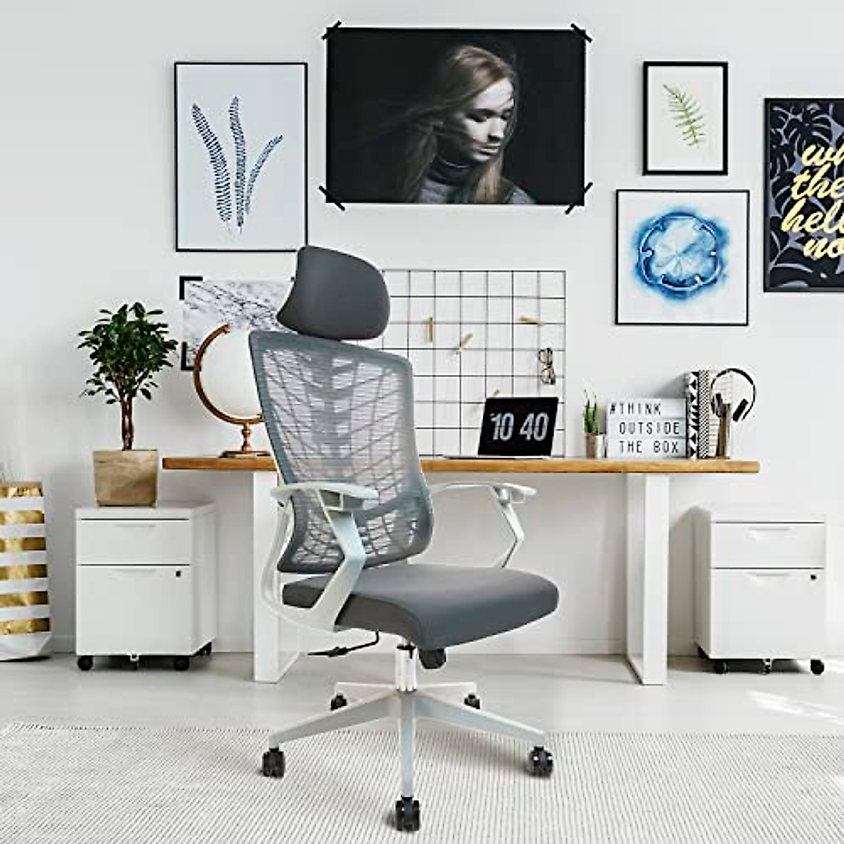 CLATINA Ergonomic High Swivel Executive Chair with Adjustable Height Fabric Headrest Lumbar Support and Mesh Backrest for Home Office, Grey 1 Pack