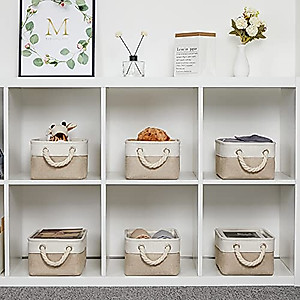 Temary Small Fabric Storage Baskets 6 Pcs Decorative Baskets Bins for Gifts Empty Foldable Storage Baskets with Handles for Organizing Shelf, Towels, Toys (White&Khaki,11.8 L x 7.9 W x 5.3 H inches)