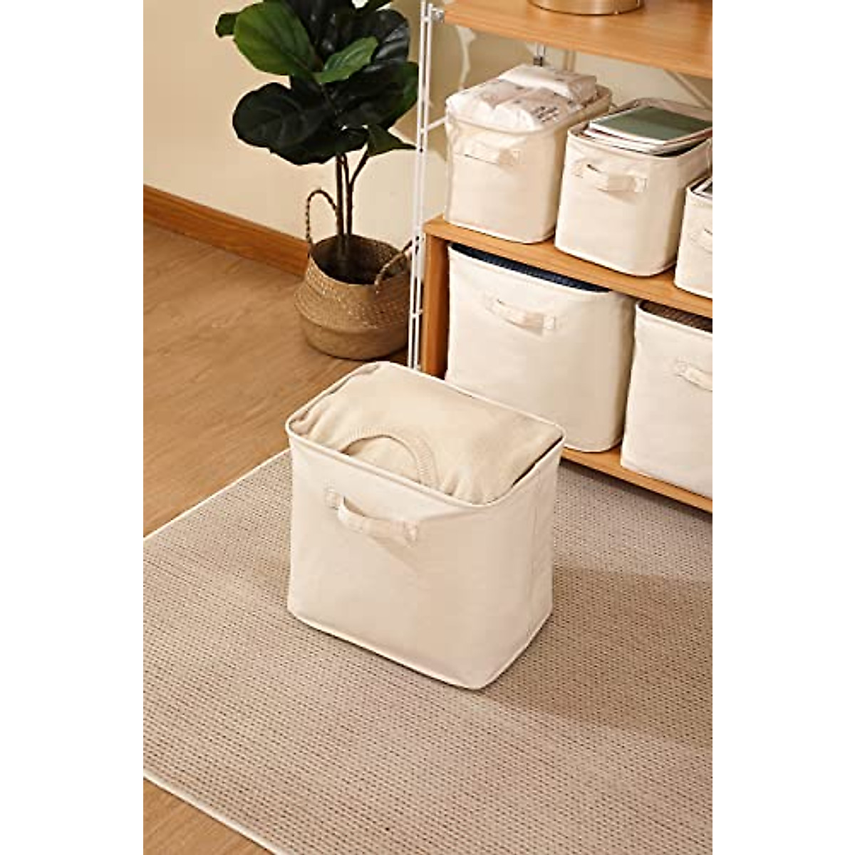 YONBEN Decorative Basket Rectangular Fabric Storage Bin Organizer Basket with Handles for Clothes Storage (11.6 x 8 x 7.8, Beige)