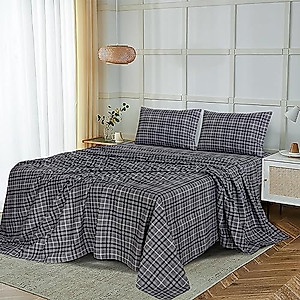 RUVANTI Flannel Sheets Twin Size - 100% Cotton Brushed Flannel Bed Sheet Sets - Deep Pockets 16 Inches (fits up to 18") - All Seasons Breathable & Super Soft - Warm & Cozy - 3 Pcs - Grey Plaid