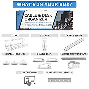 MANA'O Clamp-On Cable Management Tray Kit. Under Desk Storage Cord Organizer with Clamp! and Accessories - Cable Clips, Strips of Fastening Tape