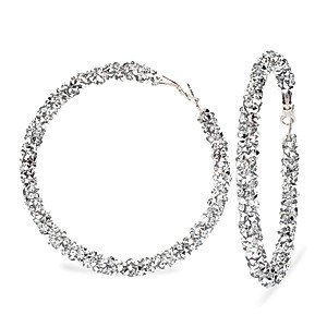 Silver Glitter Hoop Earrings for Women Bohemian Sparkle Resin Rhinestone Wrapped Big Hoop Dangle Earrings Jewelry