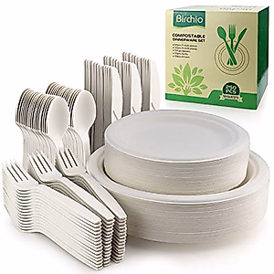 BIRCHIO 250 Piece Biodegradable Paper Plates Set (EXTRA LONG UTENSILS), Disposable Dinnerware Set, Eco Friendly Compostable Plates & Utensil include Plates, Forks, Knives and Spoons for Party