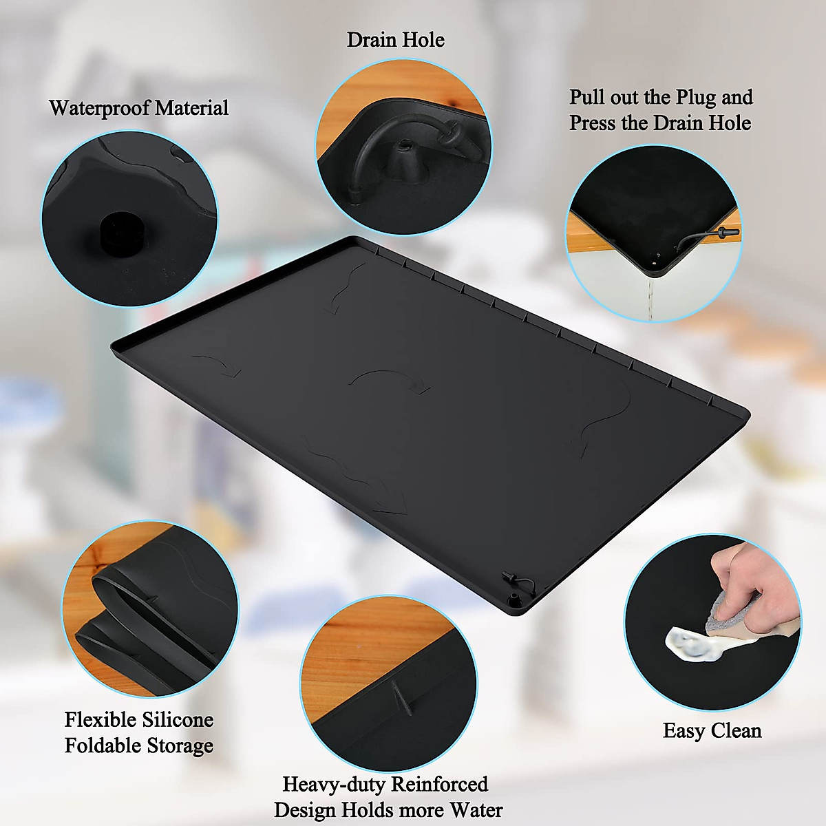 Fimary Under Sink Tray, 34" x 22" Under Sink Mats for Kitchen Waterproof, Under Sink Liner with Lip and Drain Hole, Flexible Silicone Under Sink Mat for Bathroom, Under Kitchen Sink Mat (Gray)