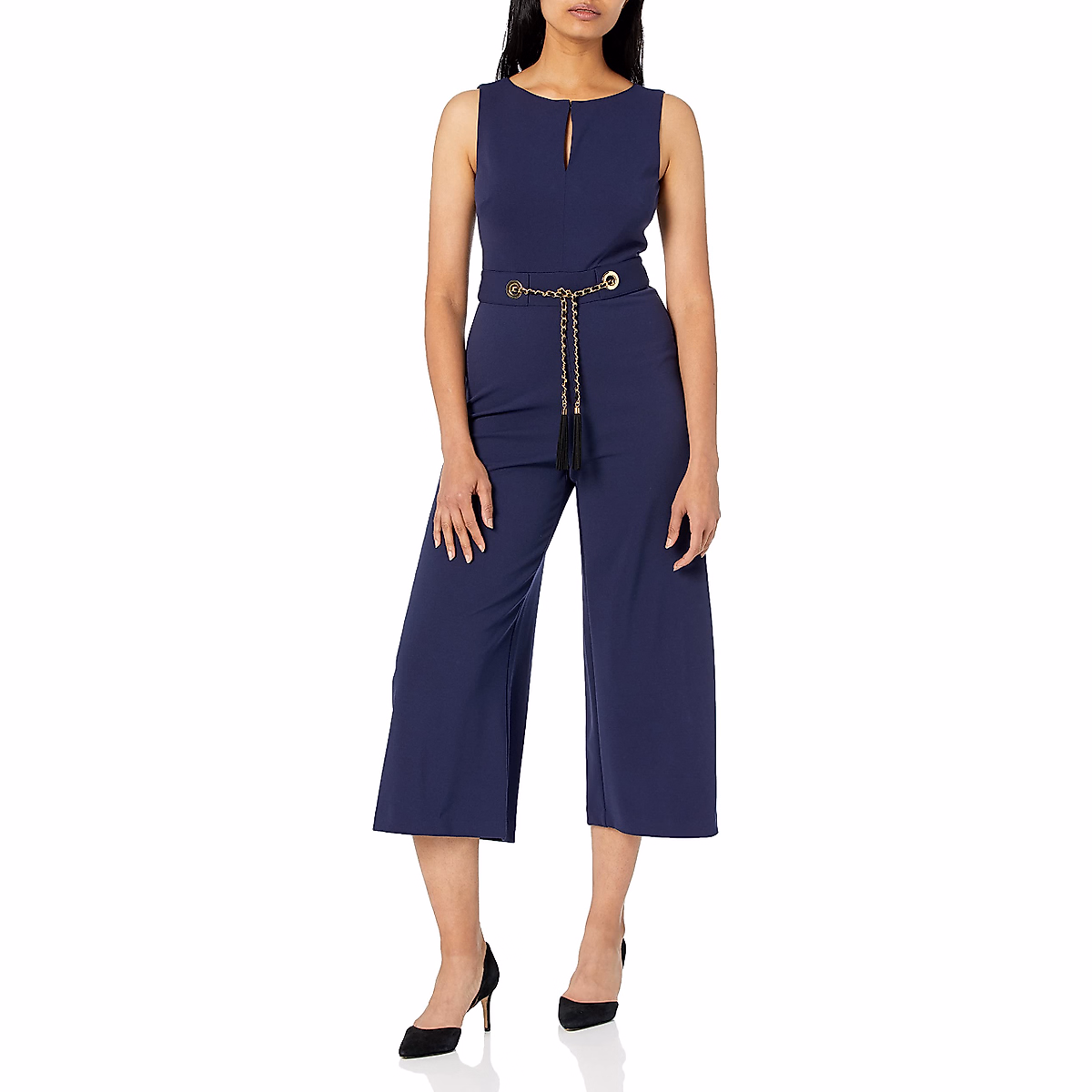 Karl Lagerfeld Paris Women's Sleeveless Jumpsuit with Chain Belt, Eclipse, 0