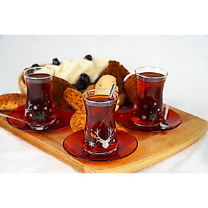 Turkish Tea Set, Turkish Tea Cups, Saucers and Tea Spoons, 6 Glasses, 6 Saucers and 6 Stainless Steel Spoons (18 Pieces), Set For 6 (Christmas)