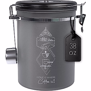 Extra Large 38oz Beans / 35oz Grounds Coffee Canister - Coffee Storage Container Tea Flour, Airtight Stainless Steel with Date Dial Release Valve Spoon