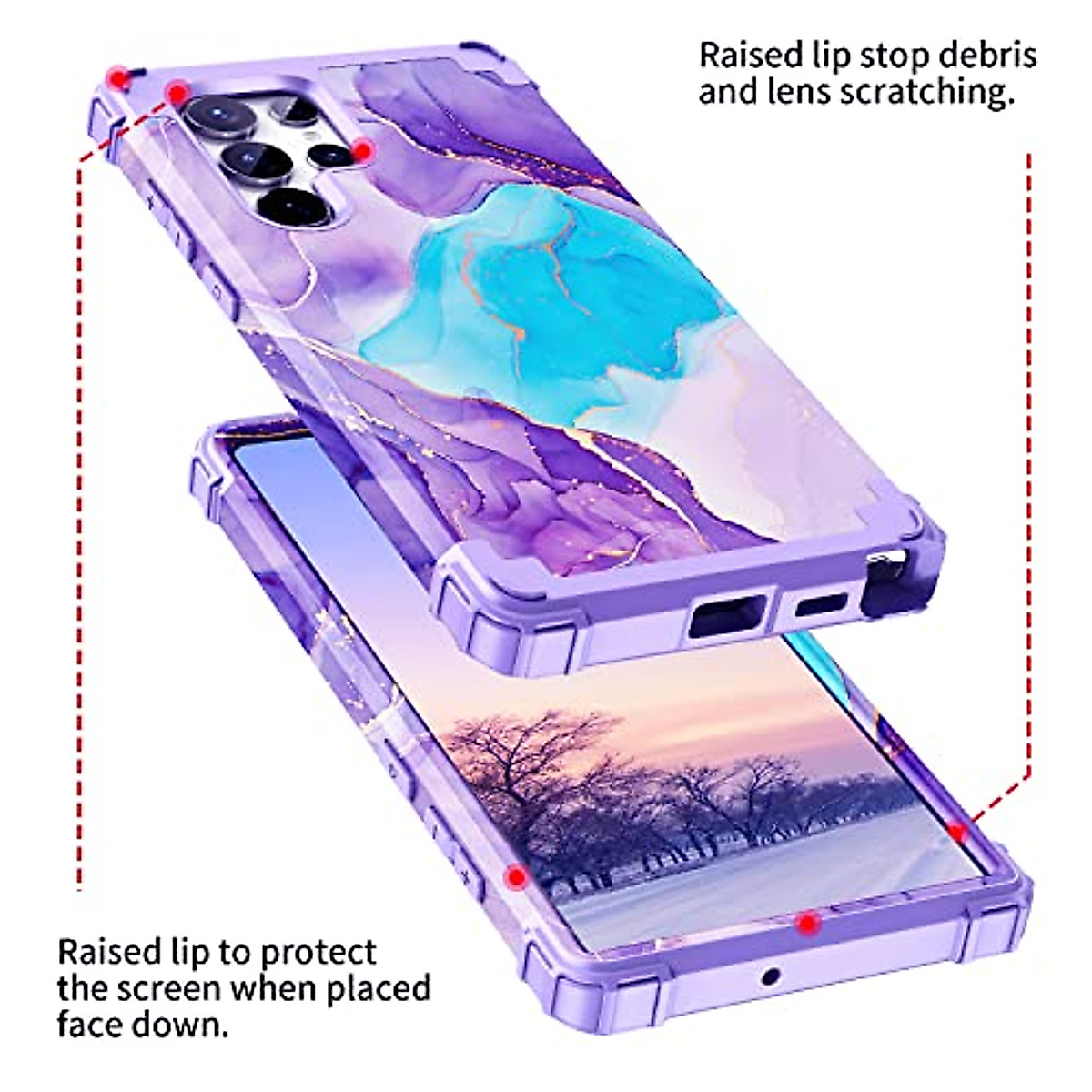BQQFG for Galalxy S23 Ultra 5G Case,Marble Design Three Layer Heavy Duty Shockproof Hybrid Hard Plastic Bumper Soft Silicone Rubber Drop Protective Cover Case for Galaxy S23 Ultra 5G 6.8",Purple