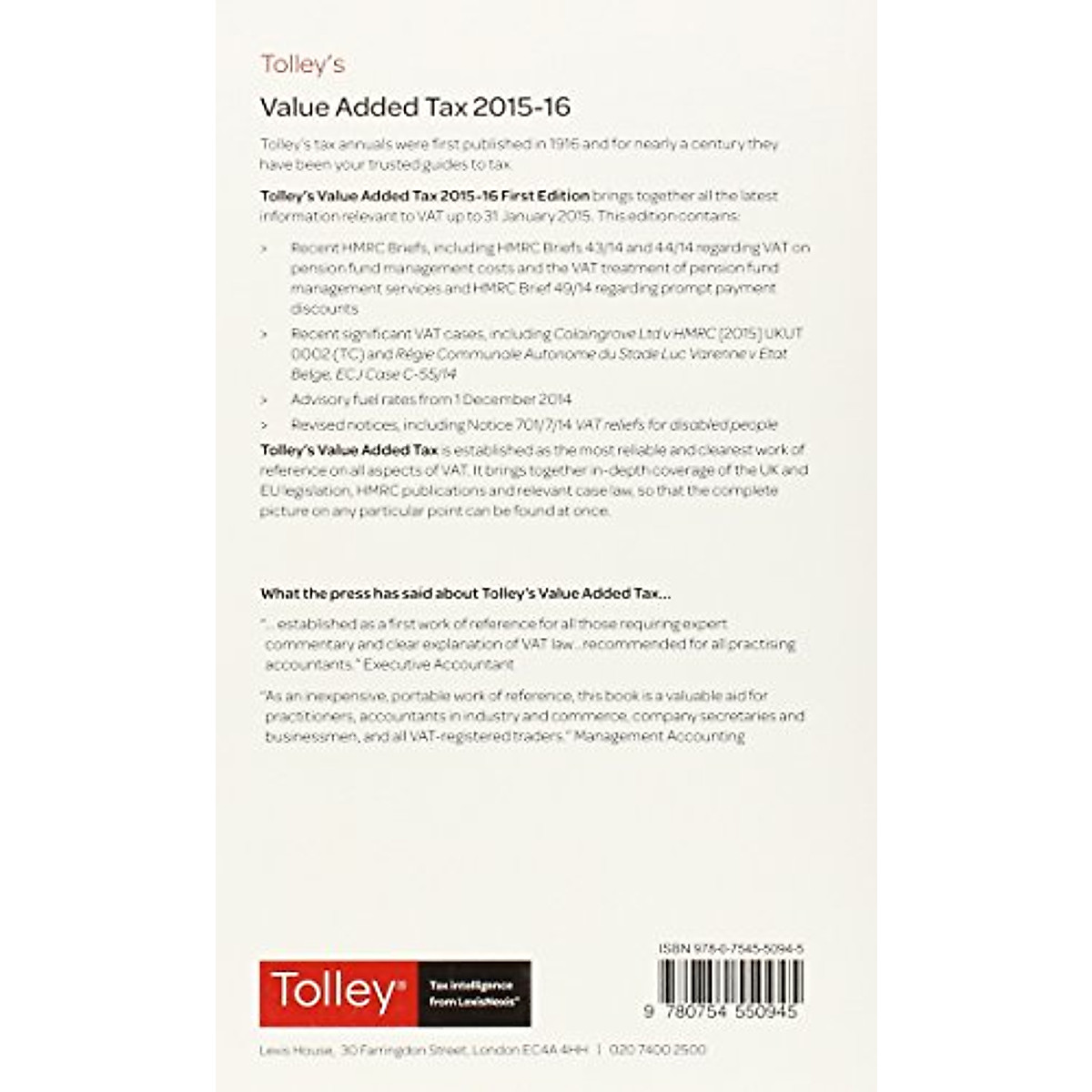 Tolley's Value Added Tax 2015: (includes First and Second editions)