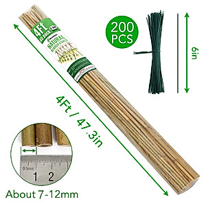 SWANGSA 40 Pack 4 Feet Bamboo Stakes for Plant, Bamboo Sticks Plant Support Garden Stakes Poles with 200pcs Twist Ties for Tomatoes, Beans, Flowers, Potted Plants, Indoor and Outdoor Climbing Plants