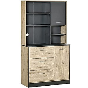 HOMCOM 67" Freestanding Buffet with Hutch, Kitchen Pantry Storage Cabinet with 3 Drawers, Cable Management, 4 Cubes, 2 Cabinets, Oak