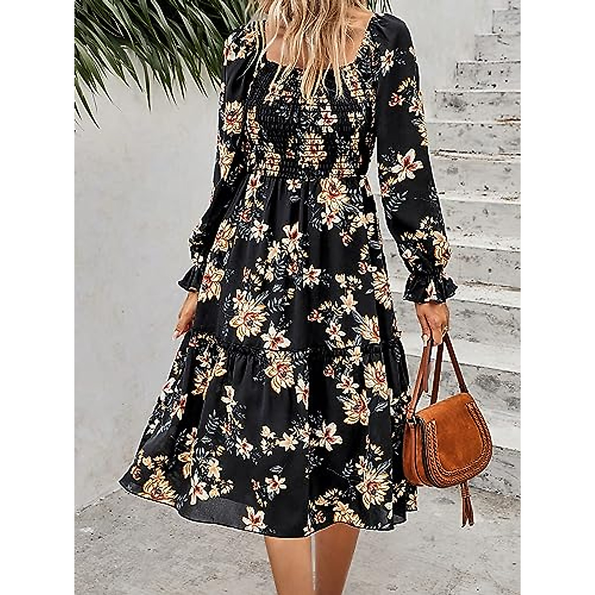 PRETTYGARDEN Women's Long Sleeve Midi Dresses 2023 Square Neck Floral Aline Boho Fall Casual Smocked Dress