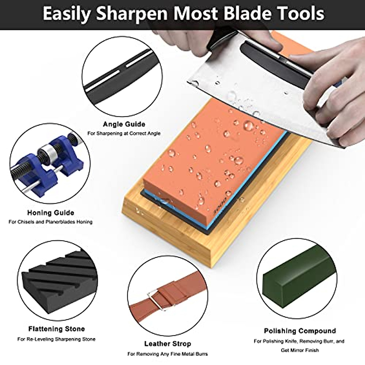 Knife Sharpening Stone Set, Premium 4 Side Grit 400/1000 3000/8000 Whetstone Sharpener Kit with Cut Resistant Gloves,Bamboo Base,Flattening Stone,Angle Guide,Honing Guide,Leather Strop,Razor Strop