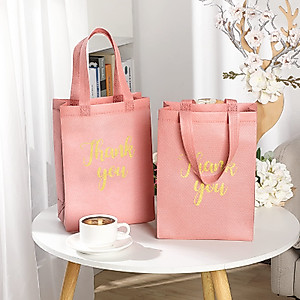 Roowest 50 Pcs Reusable Thank You Grocery Bags Shopping Bags Non Woven Shopping Merchandise Bag with Handles (Pink, Gold)