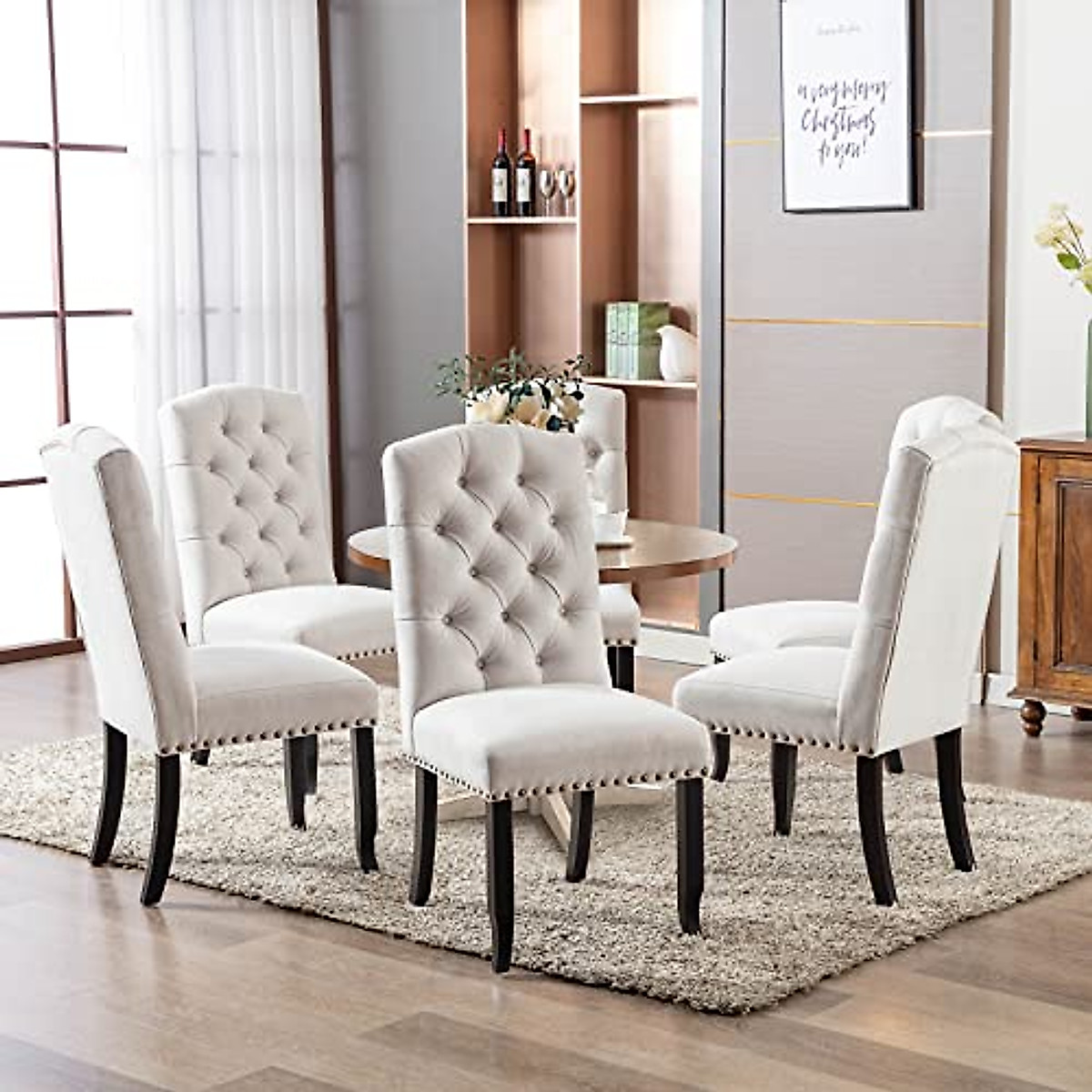 COLAMY Button Tufted Dining Chairs Set of 2, Upholstered Parsons Dining Room Chairs, Fabric Kitchen Side Chair with Nailhead Trim and Wood Legs,Beige