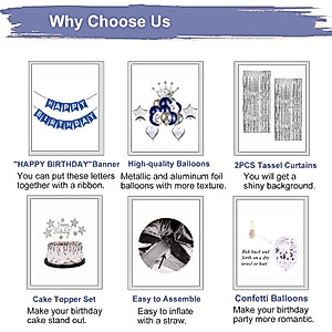 Navy Blue Silver Happy Birthday Party Decorations Set for Men Boys Women Girls, Banner, Crown Balloon, Fringe Curtains, Cake Topper for 13th 16th 18th 21st 25th 30th 40th 50th 60th 70th Party Supplies