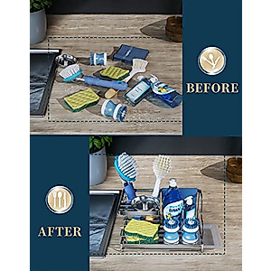 Consumest Kitchen Sponge Holder Sink Caddy, Double-layer Soap Sponge and Brush Holder with Removable Drain Tray, SUS304 Stainless Steel Kitchen Sink Organizer, Silver (8.26 × 4.72 × 5.11 inch)