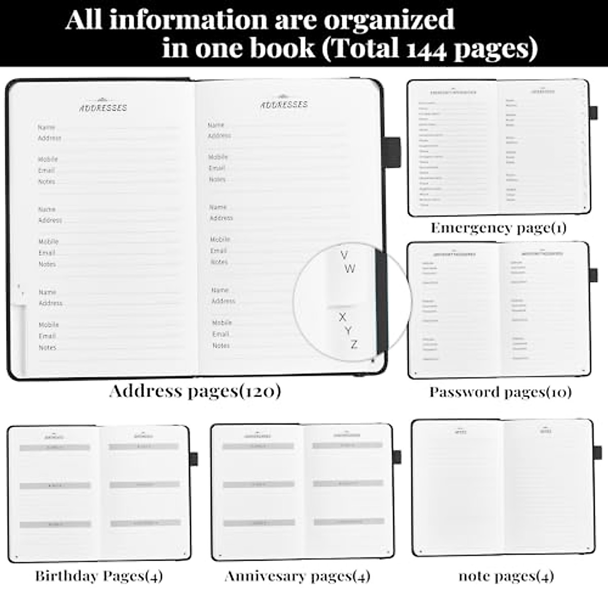 JUBTIC Address book with Alphabetical Tabs, Hardcover Password Keeper and Telephone Book Address Organizer Record Contacts, Internet Login Address Log book Journal Notebook for Home or Office-Black