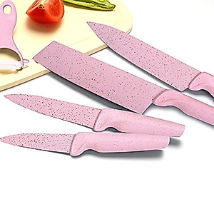 Bonaweite Pink Knife Set, Pink Knife Set With Block, Pink Kitchen Knife Set, Pink Kitchenware Knives, Chef Pink Cooking Knife Set, Wheat Straw Stainless Steel Pink Knives Kitchen Ware