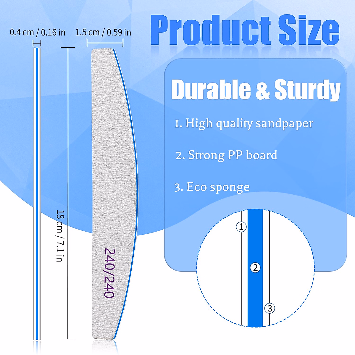 12 PCS Professional Nail File, 240/240 Grit Nail Files for Natural Nails Emery Boards Nail File Doubled Sides Washable Fine Grit Nail File Manicure Tools for Home and Salon Use