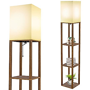 MOFFE Column Floor Lamp with Shelves, Modern Shelf Floor Lamp with 9W LED Bulb, 3 Tier Storage Display Standing Reading Lamp Narrow Corner Nightstand Light for Bedroom Living Room, Walnut