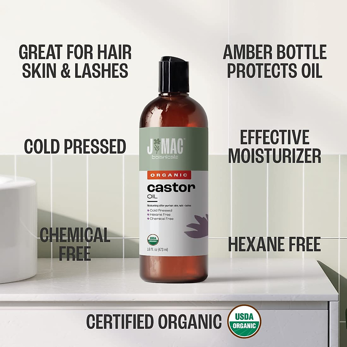 J MAC BOTANICALS Organic Castor Oil, Cold Pressed (16 oz) BPA Free, Castor hexane free, for face, skin, eyelashes, Certified USDA Organic