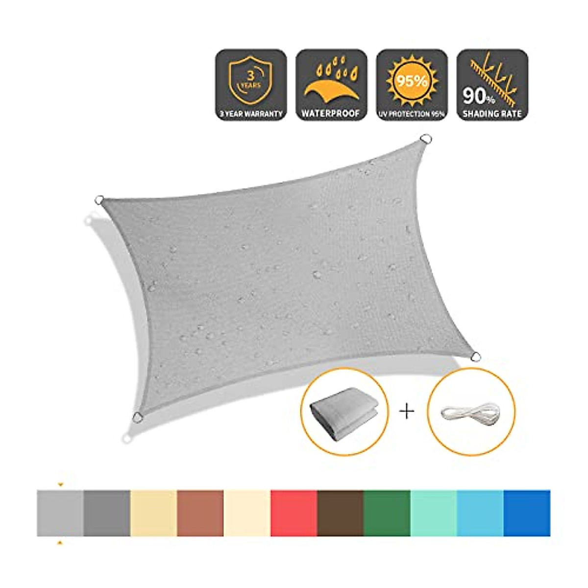 Artpuch 10'x13' Light Grey Waterproof Sun Shade Sail Canopy Cover for Patio Outdoor, 185 GSM Water Resistant Rectangle Backyard Shade Sail for Garden Playground