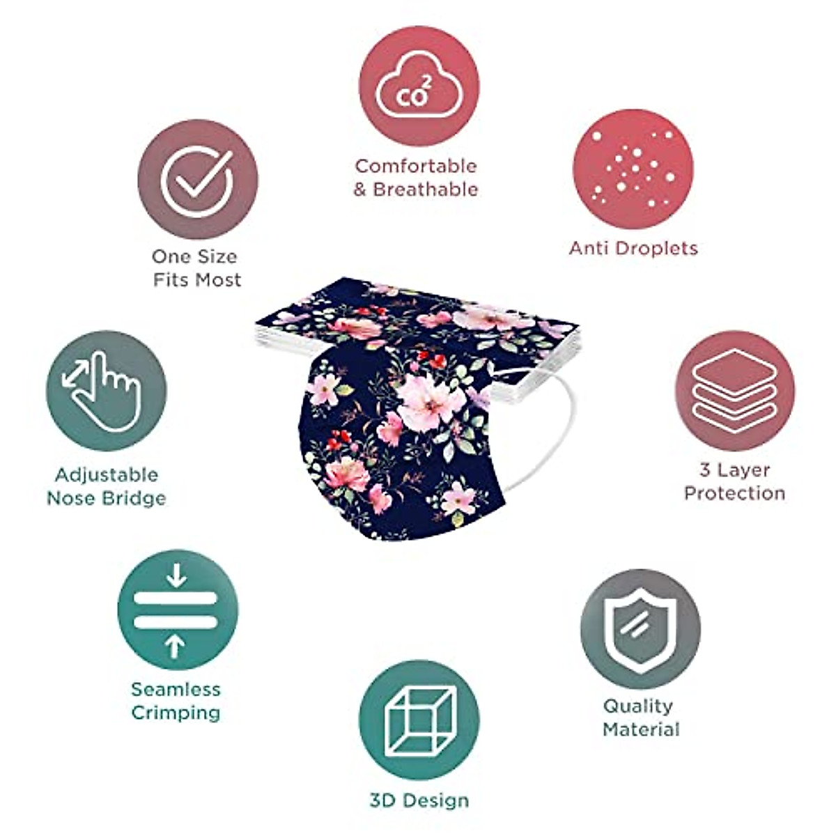 50 Pack Adults Floral Disposable Face Masks with Design, 3 Ply Protective Breathable Women Men Flower FaceMask with Nose Wire (Floral #14)