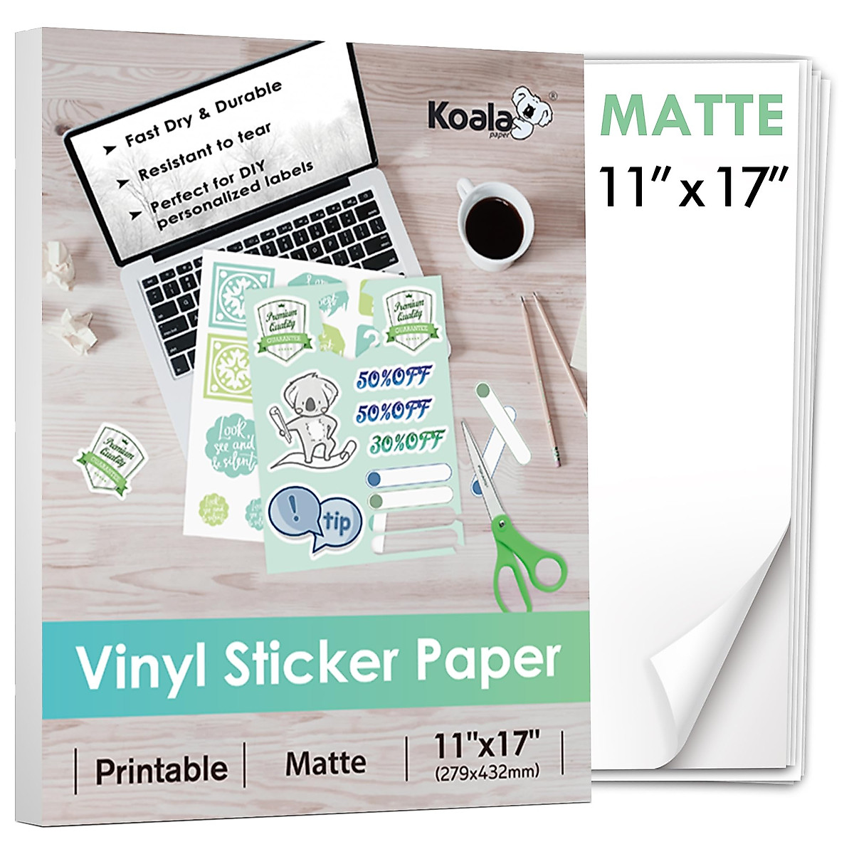 Koala Printable Vinyl Sticker Paper for Inkjet Printer 11x17 Inch - 10 Sheets Matte White Sticker Printer Paper, Waterproof Sticker Paper, Tear-Resistant, Removable