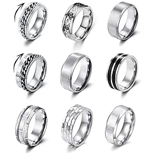 YOVORO 9Pcs Stainless Steel Band Rings for Men Women Fidget Anxiety Relief Rings Spinner Ring Wedding Promise Rings Set S10