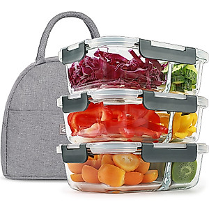 DAS TRUST 3 Pack 36oz Food Storage Containers 2 Compartment Glass Meal Prep Containers with Lids for Adult Food Prep Containers with Divider Reusable Lunch Bento Box