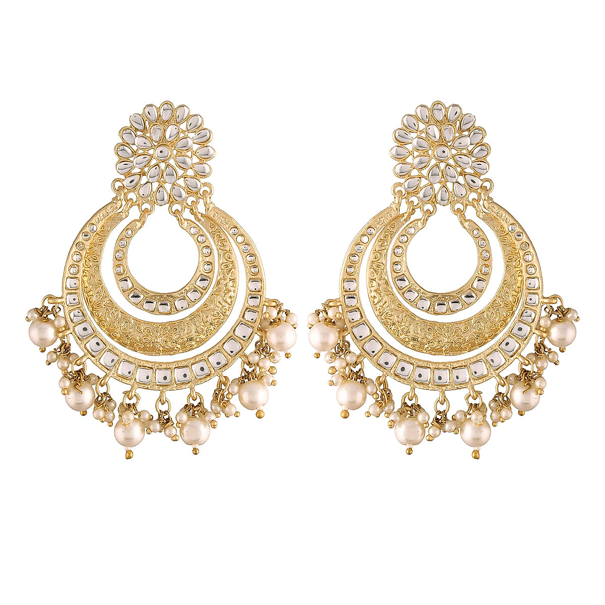 I Jewels 18K Gold Plated Indian Wedding Bollywood Matte Finish Kundan & Faux Pearl Bridal Chandbali Earrings with Maang Tikka Set for Women (TE2860FL)