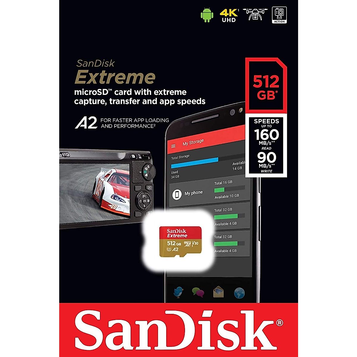 SanDisk Extreme 512GB V30 A2 microSDXC Memory Card Works for DJI Drones Works with Mini 3 Pro, Mini 3, DJI RC (SDSQXA1-512G-GN6MN) Bundle with (1) Everything But Stromboli Micro SD Card Reader