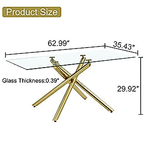 63 Inch Glass Dining Table,4-6 Person Home Dining Table Large Size Kitchen and Dining Room Table with Tempered Glass top and Gold Metal Legs, Modern Rectangular Dining Table (Gold Legs