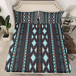 Bohemian Fitted Sheet Boho Aztec Striped Sheet Set for Teens Boys,Tribe Geometry Triangle Bed Sheets Mexican Bed Cover Exotic Nordic Southwestern Decor Full,Black