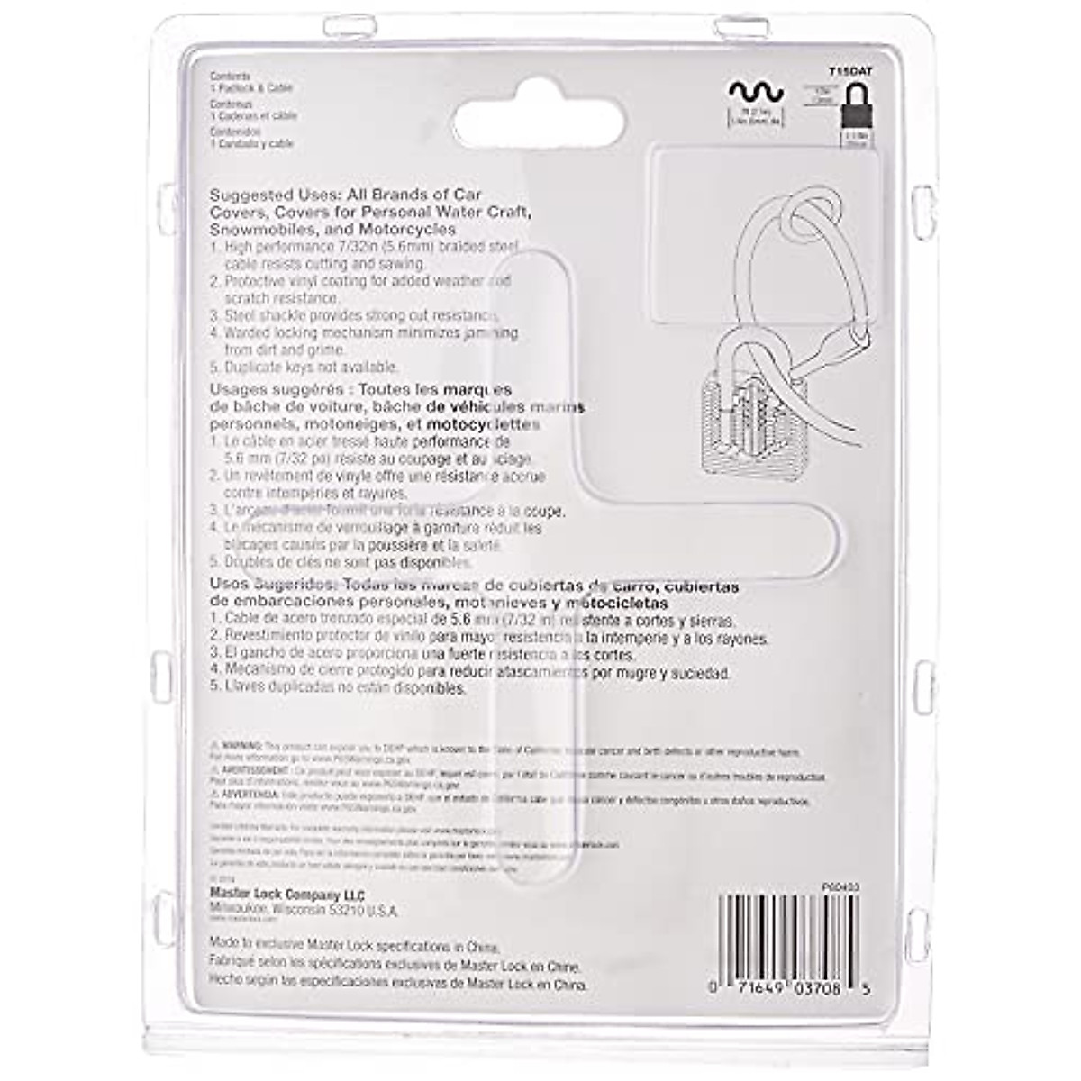 Master Lock 715DAT Braided Steel Car Cover Cable with Laminated Steel Padlock, 7 ft cable and 1-1/8 in. Wide Lock