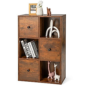 GOFLAME Floor Standing Bookcase Cabinet, 3-Tier Storage Organizer with 3 Cubes & 3 Drawers, Retro Bookshelf with Anti-toppling Device, for Office, Living Room, Study Room, Rustic Brown