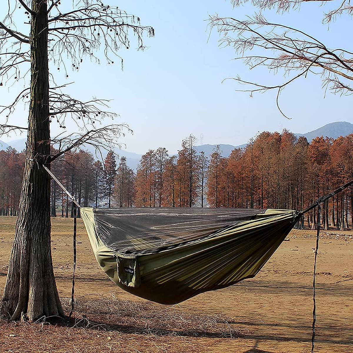 Sunyear Camping Hammock with Removable No See-Um Net, Double & Single Portable Outdoor Hammocks Parachute Lightweight Nylon with Tree Straps for Adventures Hiking Backpacking Green