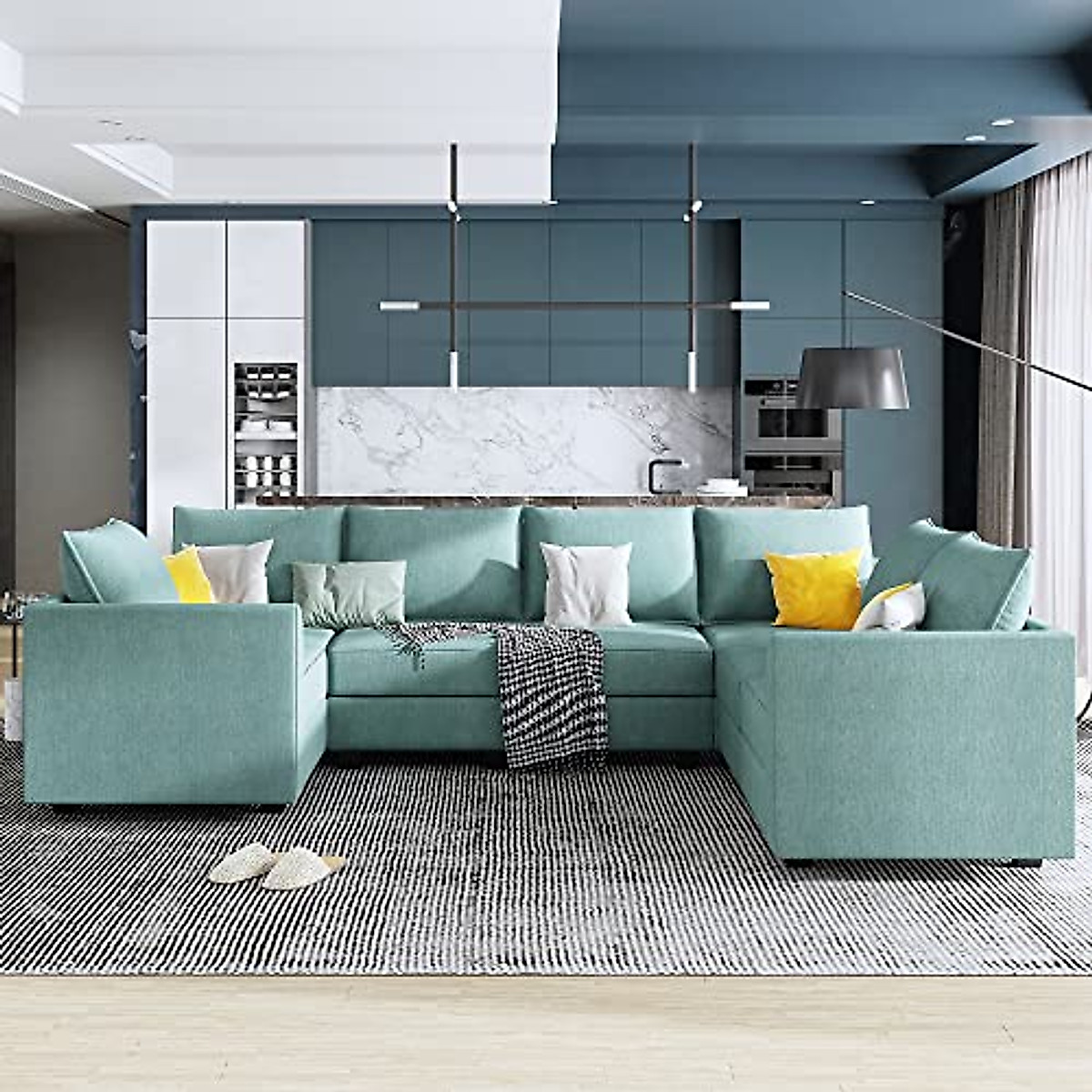 HONBAY Reversible Modular Couch Modern Polyester Sectional Sofa with Chaise & Storage Seat 112'' U-Shaped Couch for Living Room, Aqua Blue