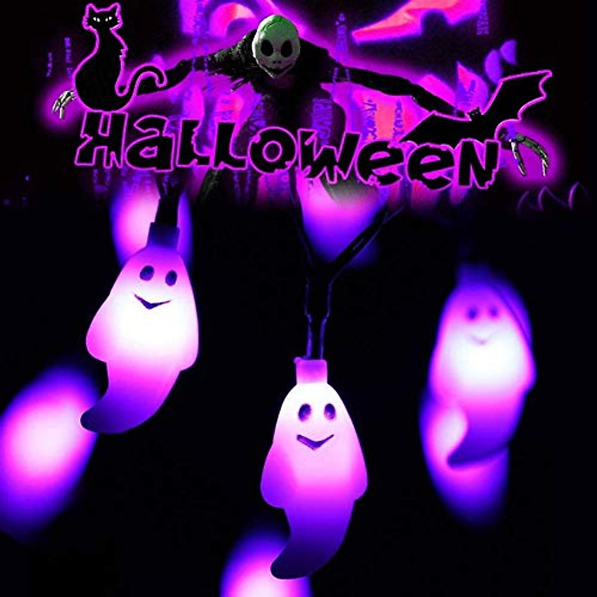 DYTesa Halloween Solar String Lights, 21.3 Ft 30 LED Milky White Ghost LED Lights IP65 Waterproof for Halloween Outdoor Indoor Party Decor, Patio, Lawn, Garden, Yard