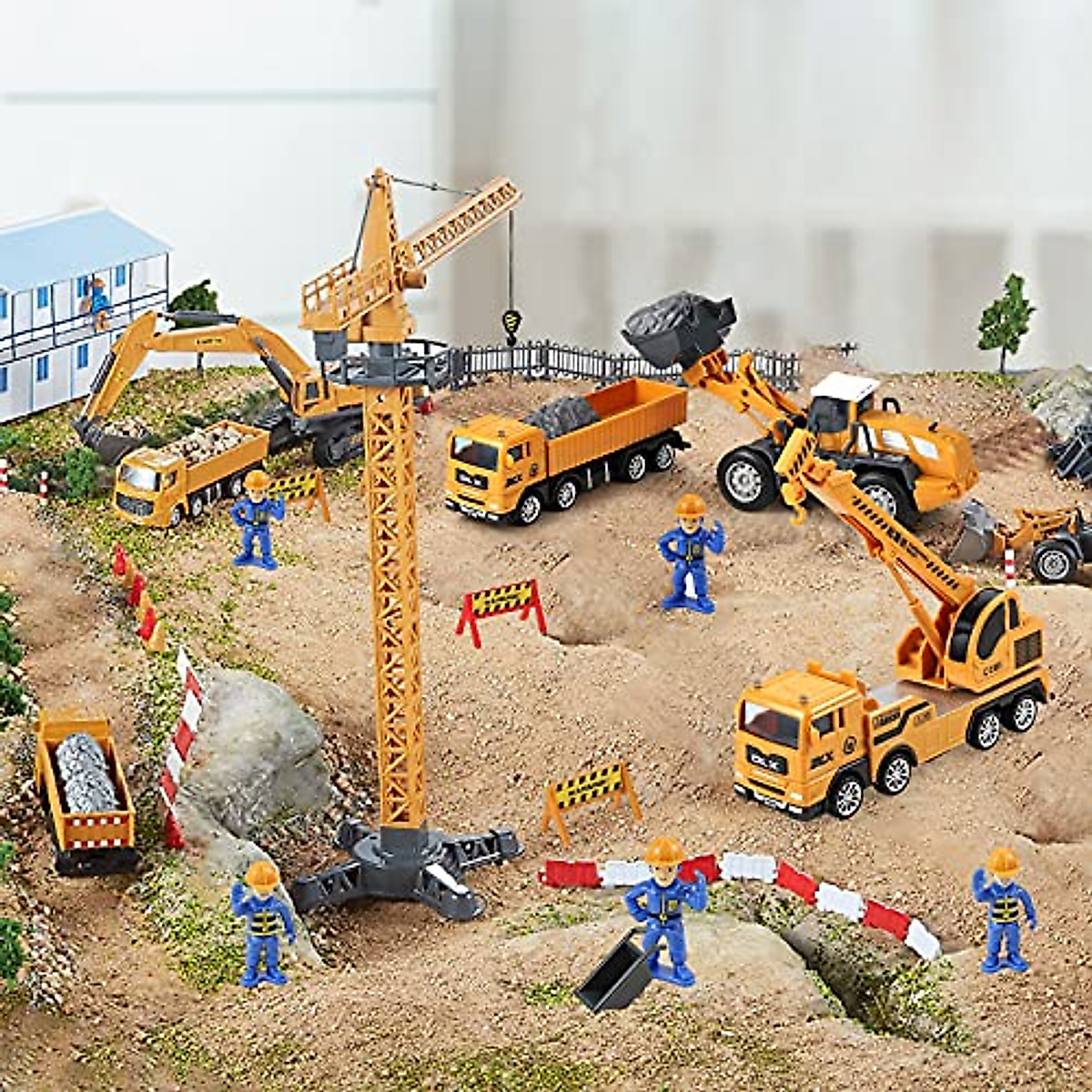 DOLIVE Construction Site Vehicles Toy with Mat, Crane Toy Tractor, Tower Crane Truck, Dump Trucks, Excavator, Cement Mixer Trucks, Kids Engineering Playset for 3+ Year Olds Boys Girls